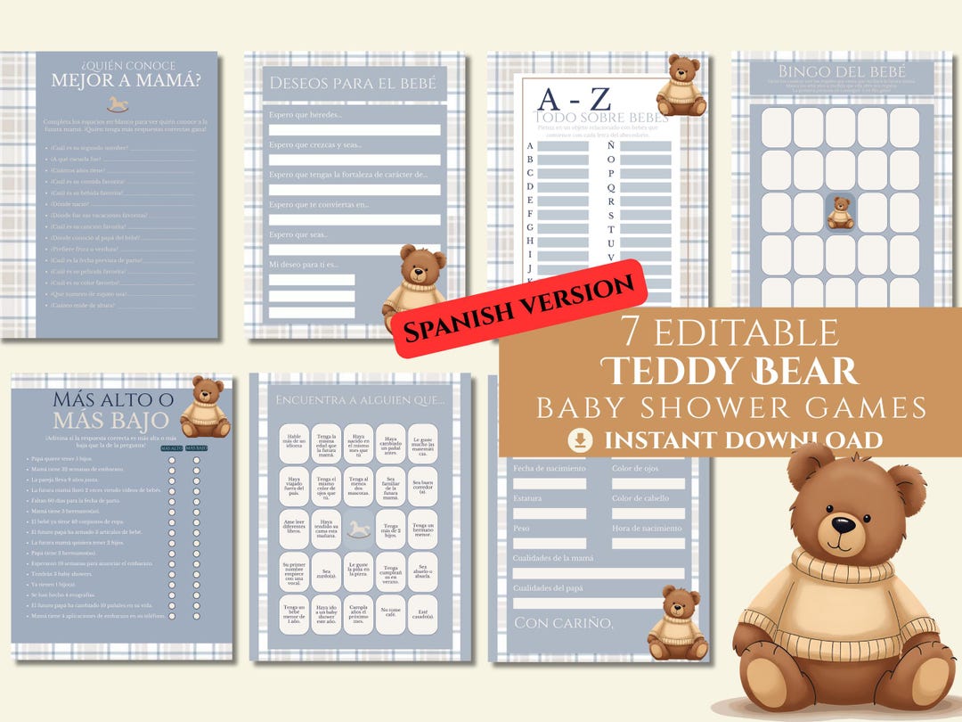 Spanish- Teddy Bear Baby Shower Games Digital Download Template ...