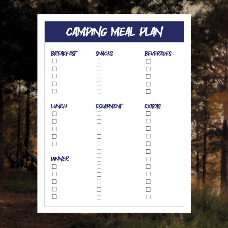 Camping Meal Plan Templates | 5 Printable Pdfs | Food Checklist for ...