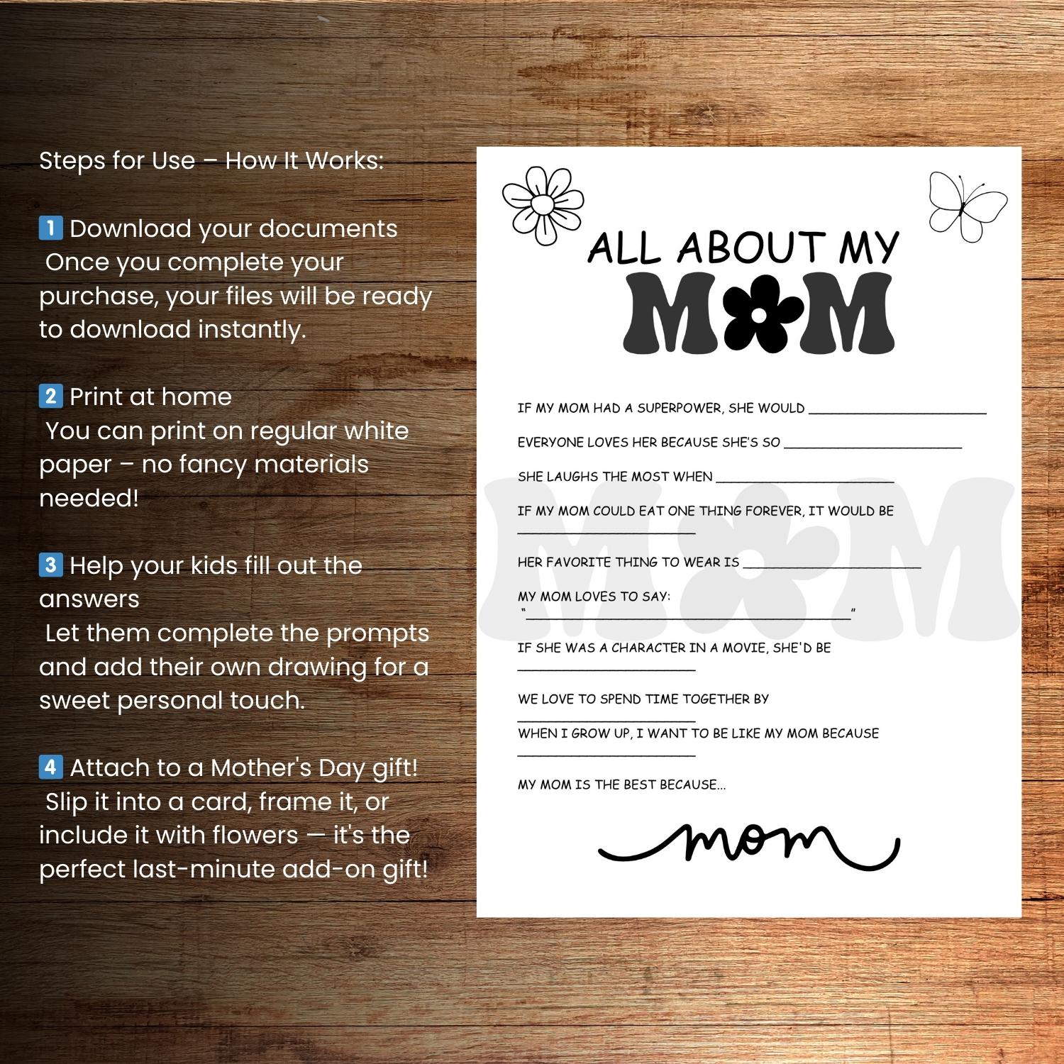 All About My Mom Printable Worksheet – Mother's Day Gift From Kids ...