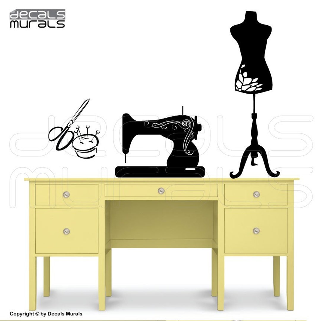 Wall Decals SEWING ROOM Decor - Sewing Machine Mannequin Art Stickers ...