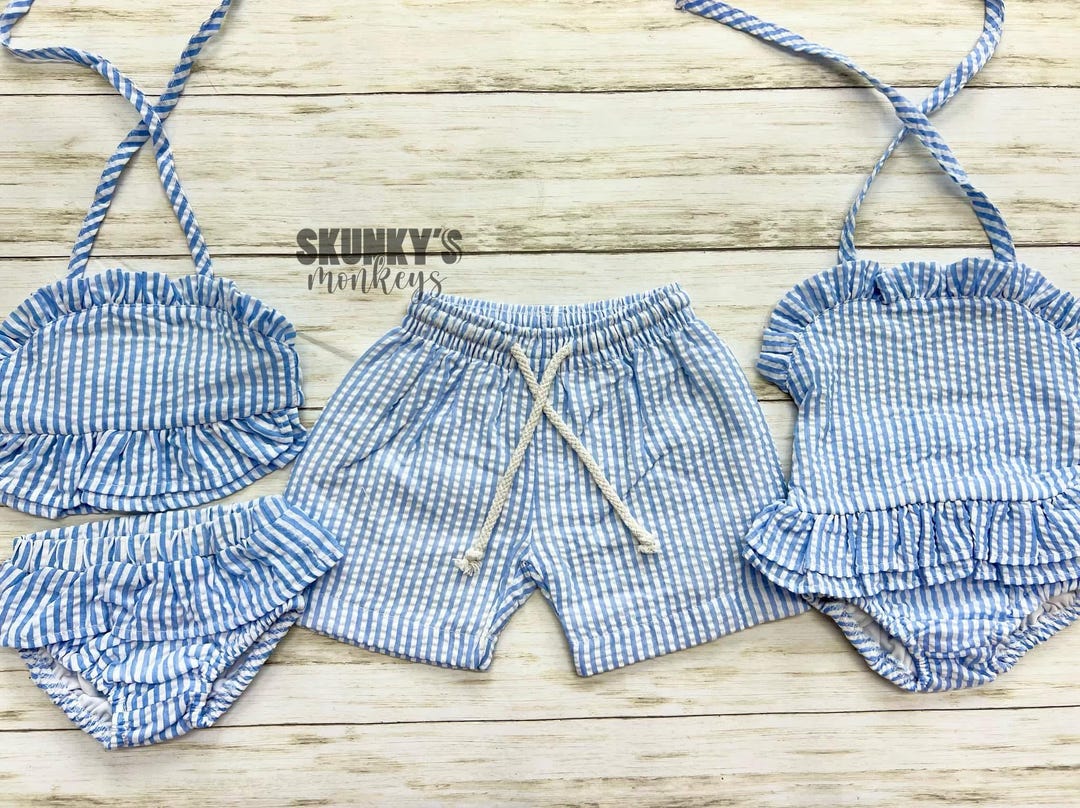 Girls Blue Seersucker Swimsuit, Custom Embroidered One Piece Bathing ...