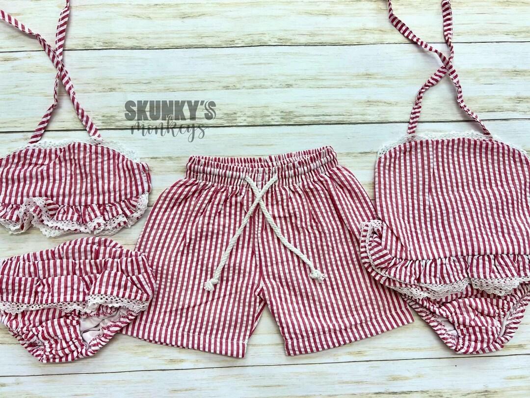 Girls Red Seersucker Swimsuit, Custom Embroidered One Piece Bathing ...