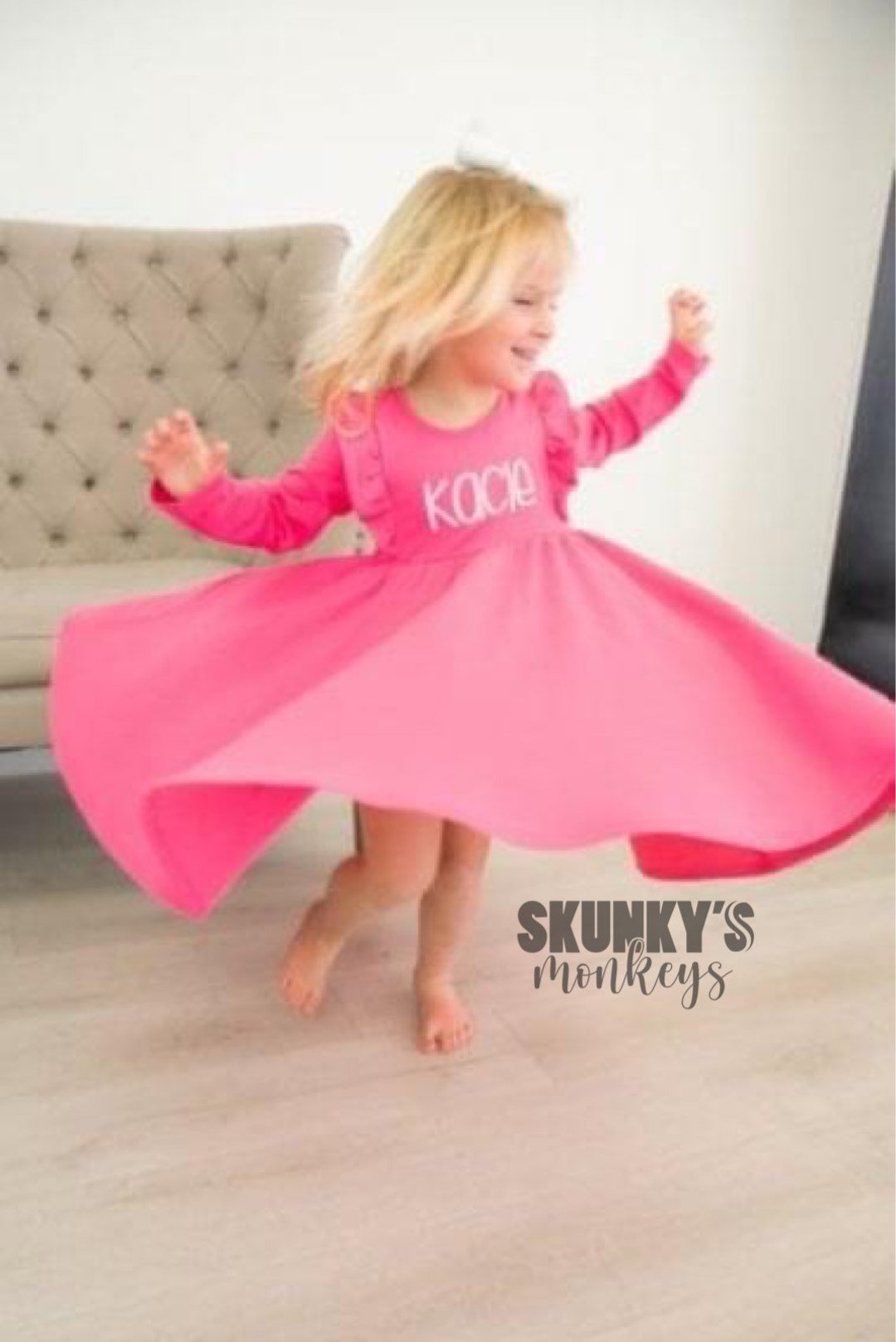 Girls Monogrammed Dress, Long Sleeve Twirl Dress, Custom Embroidered ...