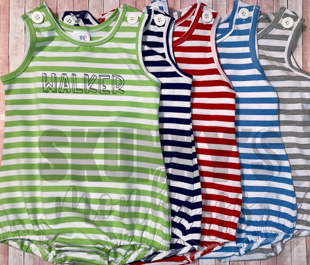 Baby Boy Bubble Romper, Navy Monogrammed Bubble, Personalized Striped Romper, Baby Boy ...