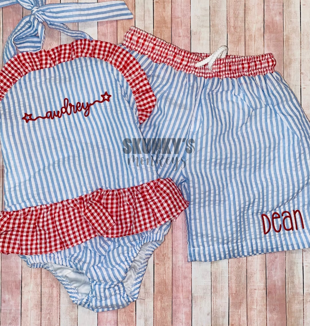 Girls Seersucker Swimsuit, Custom Embroidered Two Piece Bathing Suit ...