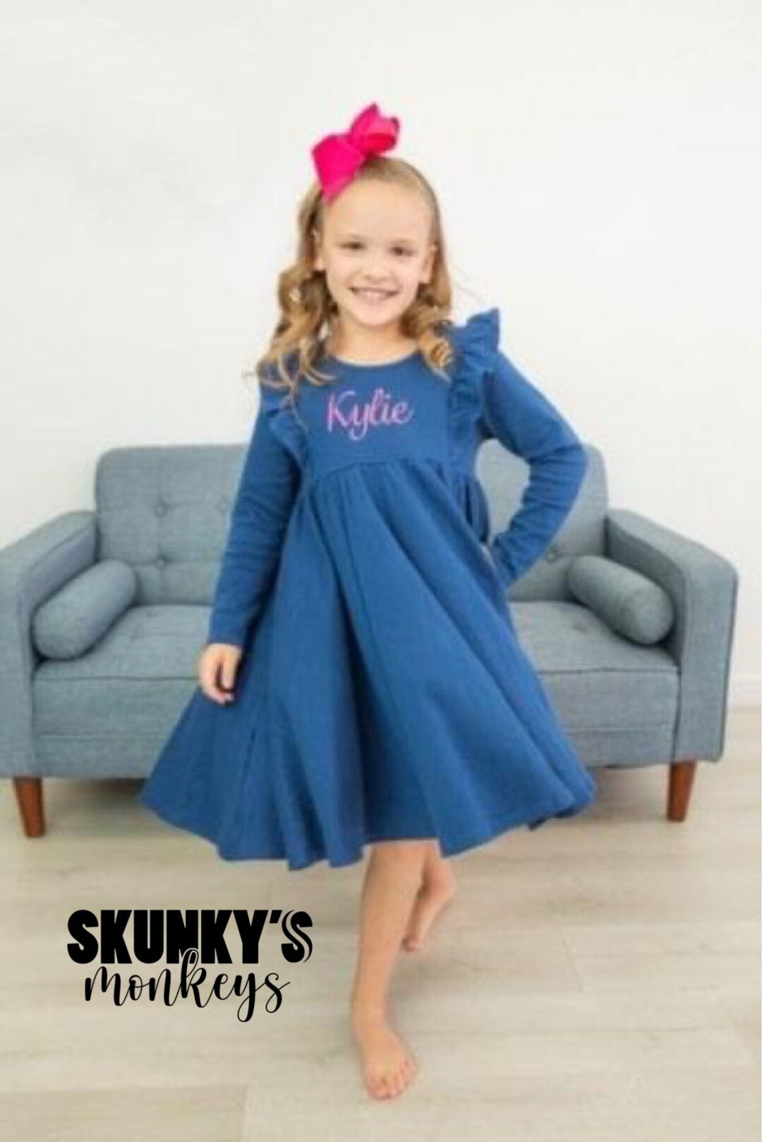 Girls Monogrammed Dress, Long Sleeve Twirl Dress, Custom Embroidered ...
