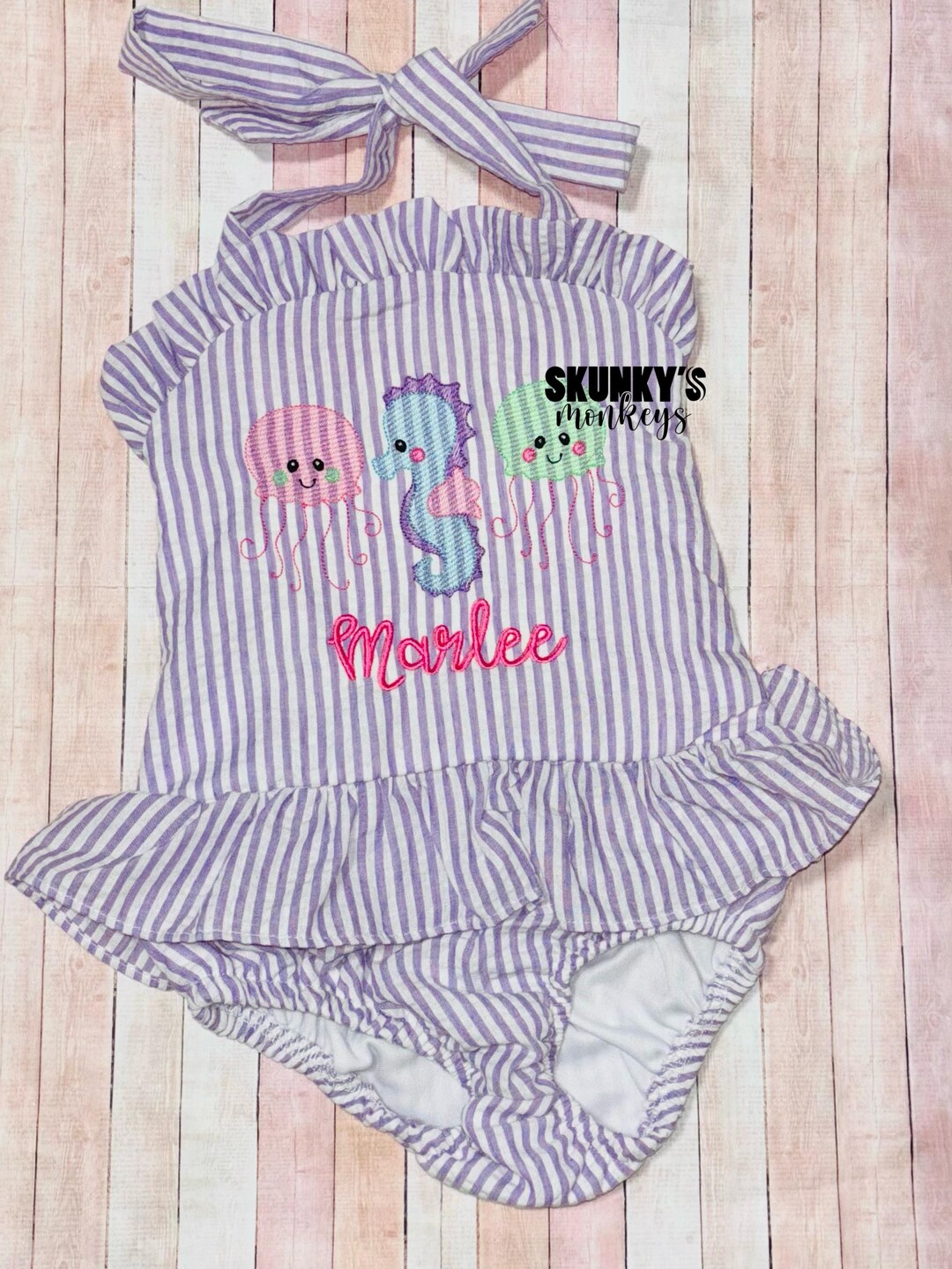 Girls Seersucker Swimsuit, Custom Embroidered Two Piece Bathing Suit ...