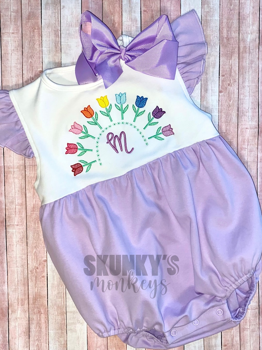 Baby Girls Bubble Romper, Purple Flutter Sleeve Floral Tulip Monogrammed Bubble Personalized ...