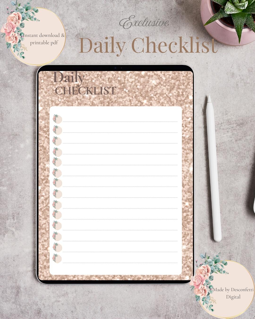 Printable Daily Checklist, Digital Download, Gold to Do List, A4 Letter ...