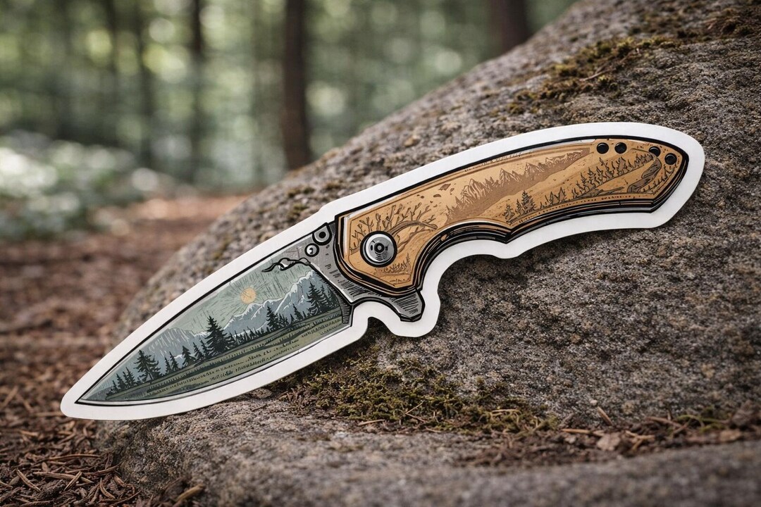 Mountain Forest Pocket Knife Die Cut Sticker | Outdoor EDC Gear Decal ...