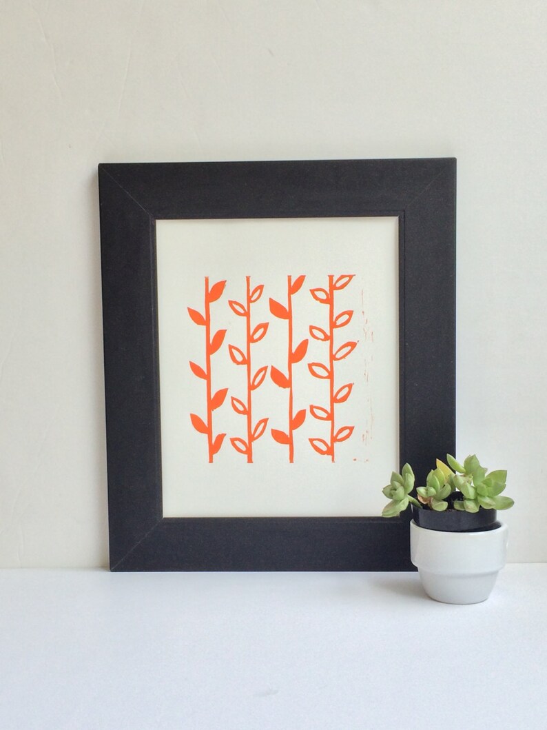 Orange Modern Linocut art PRINT Flower Stems Linoprint 8x10 | Etsy