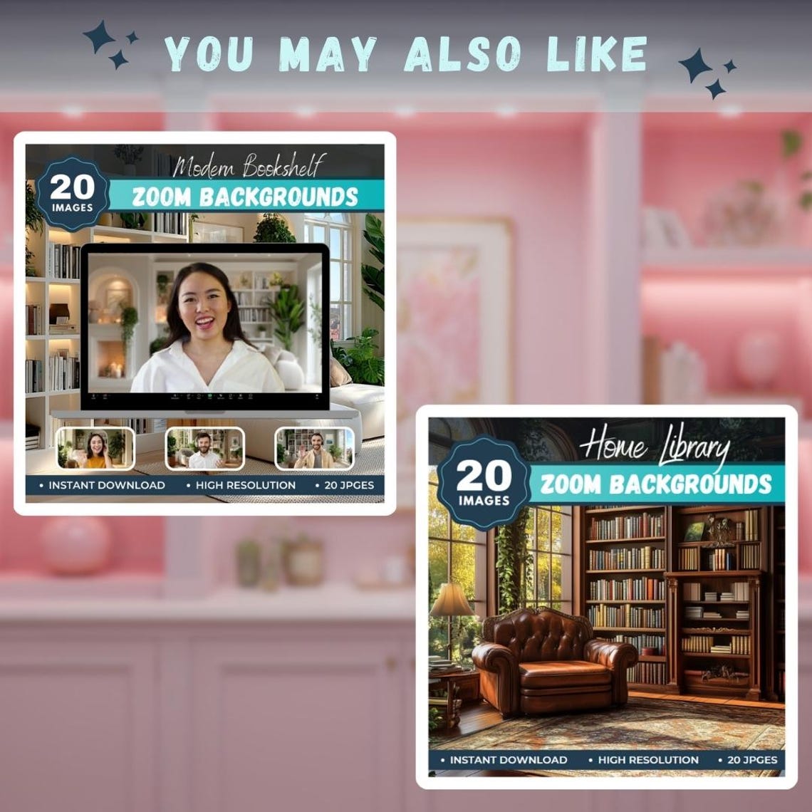 20 Modern Pink Wall Shelving Zoom Background Bundle, Virtual Background ...