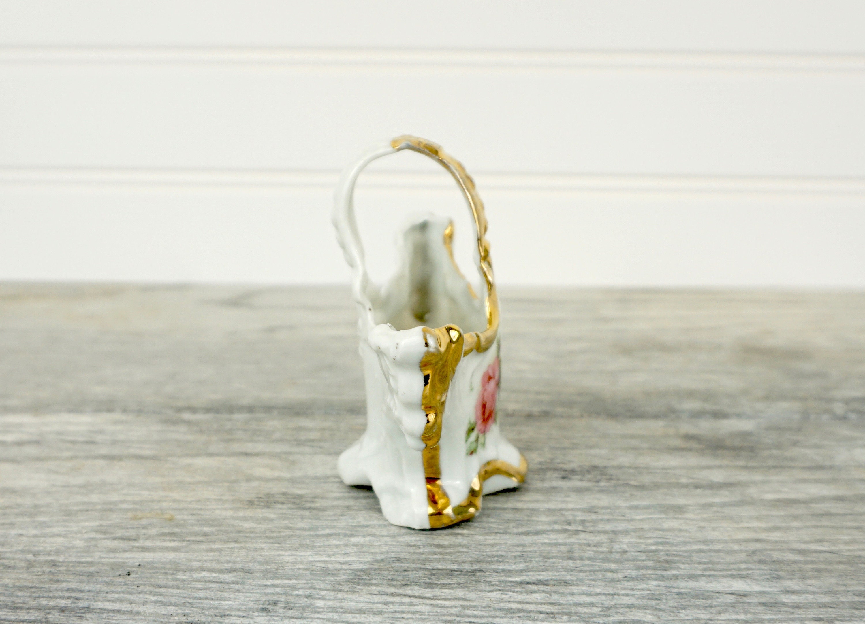 Vintage Porcelain Basket Vase Miniature With Pink Roses and Gold Trim ...