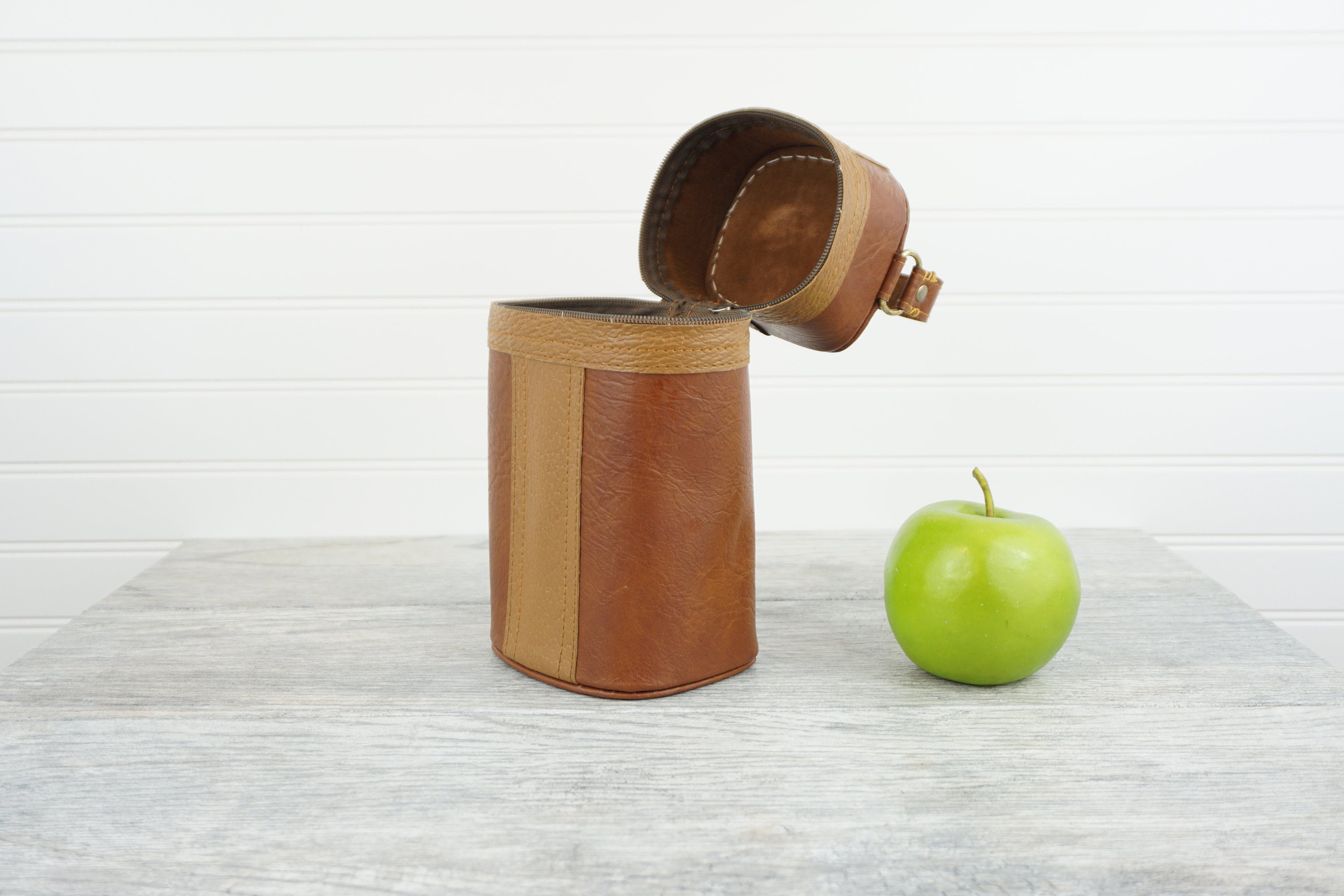 Vintage Brown Faux Leather Zippered Case, Tall 2 Toned Pleather Tall ...