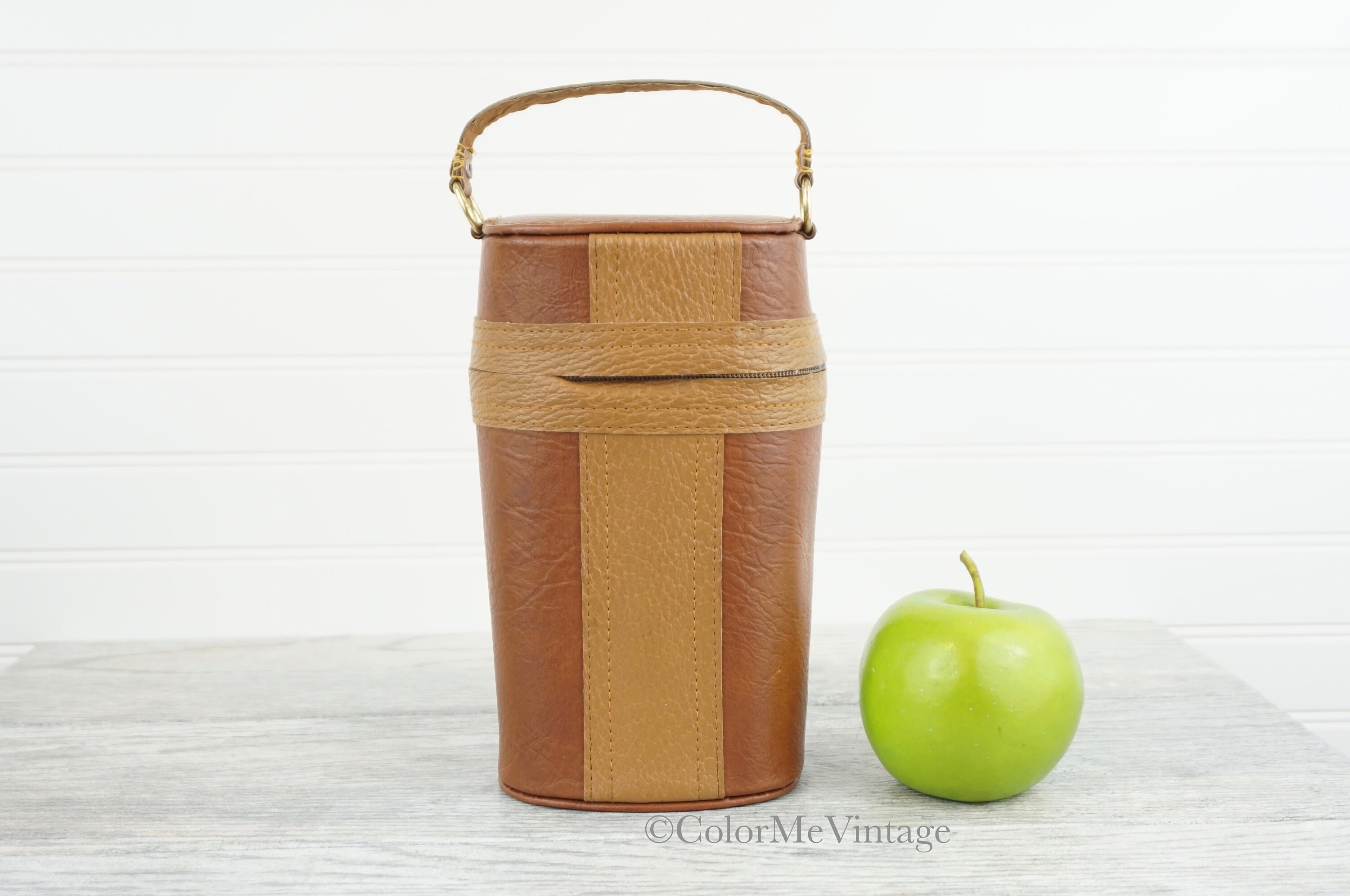 Vintage Brown Faux Leather Zippered Case, Tall 2 Toned Pleather Tall ...