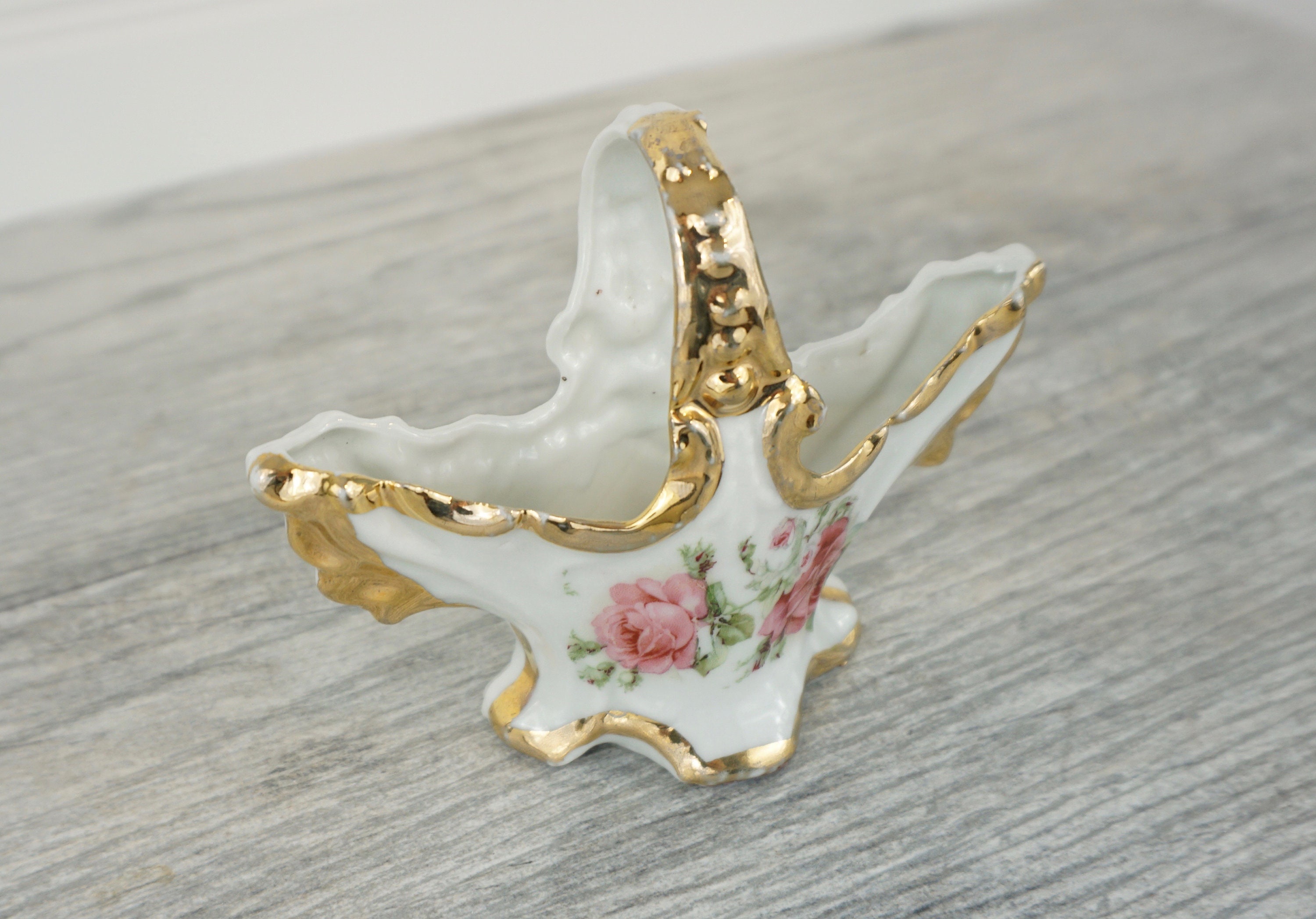 Vintage Porcelain Basket Vase Miniature With Pink Roses and Gold Trim ...