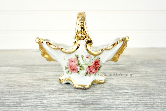 Vintage Porcelain Basket Vase Miniature With Pink Roses and - Etsy