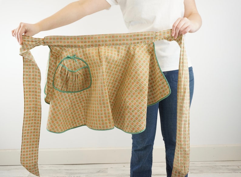 Vintage Apron Tan Brown With Pink and Minty Teal Green Half | Etsy