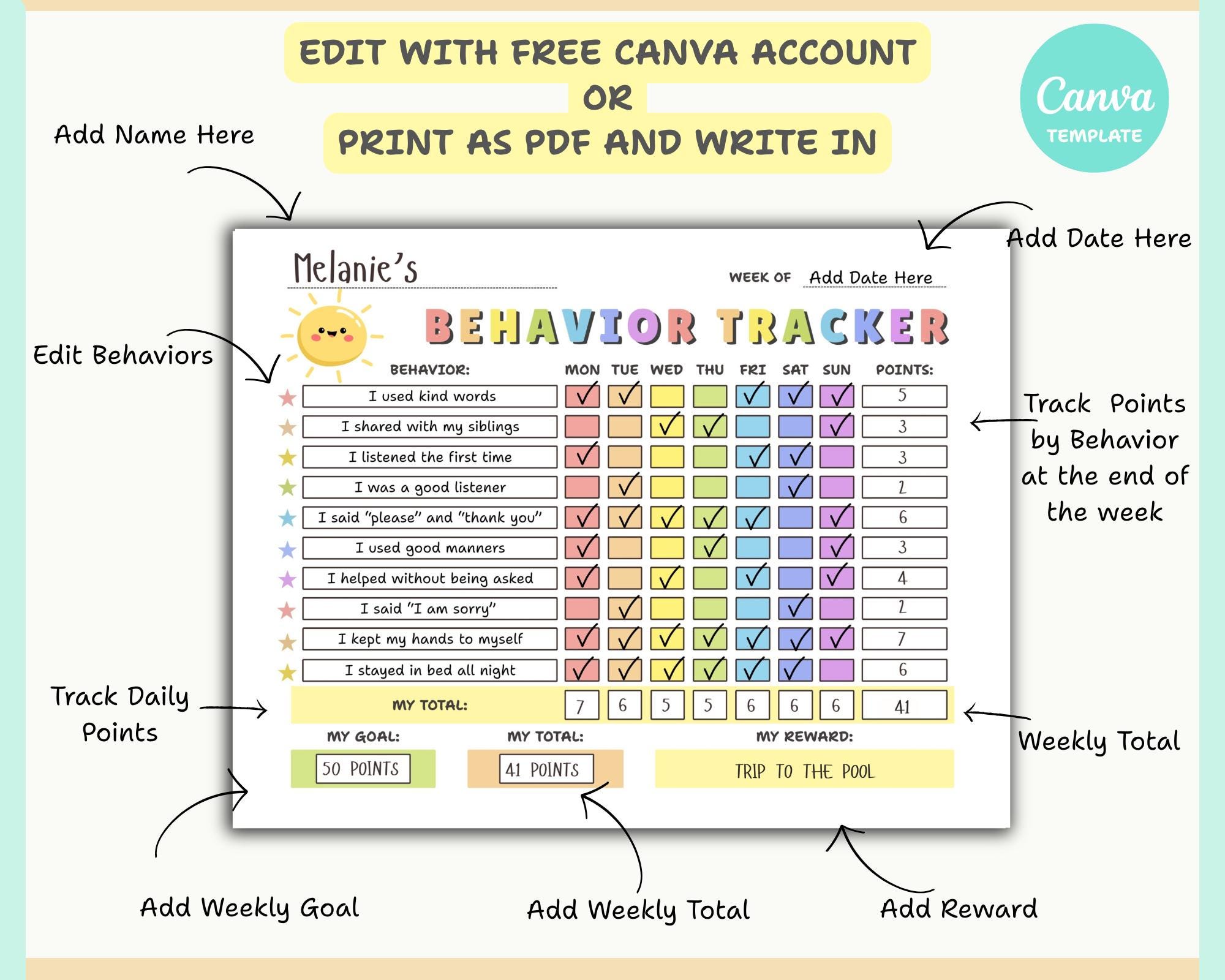 Printable Playful Behavior Tracker 8 Colors Set for Kids, Positive ...