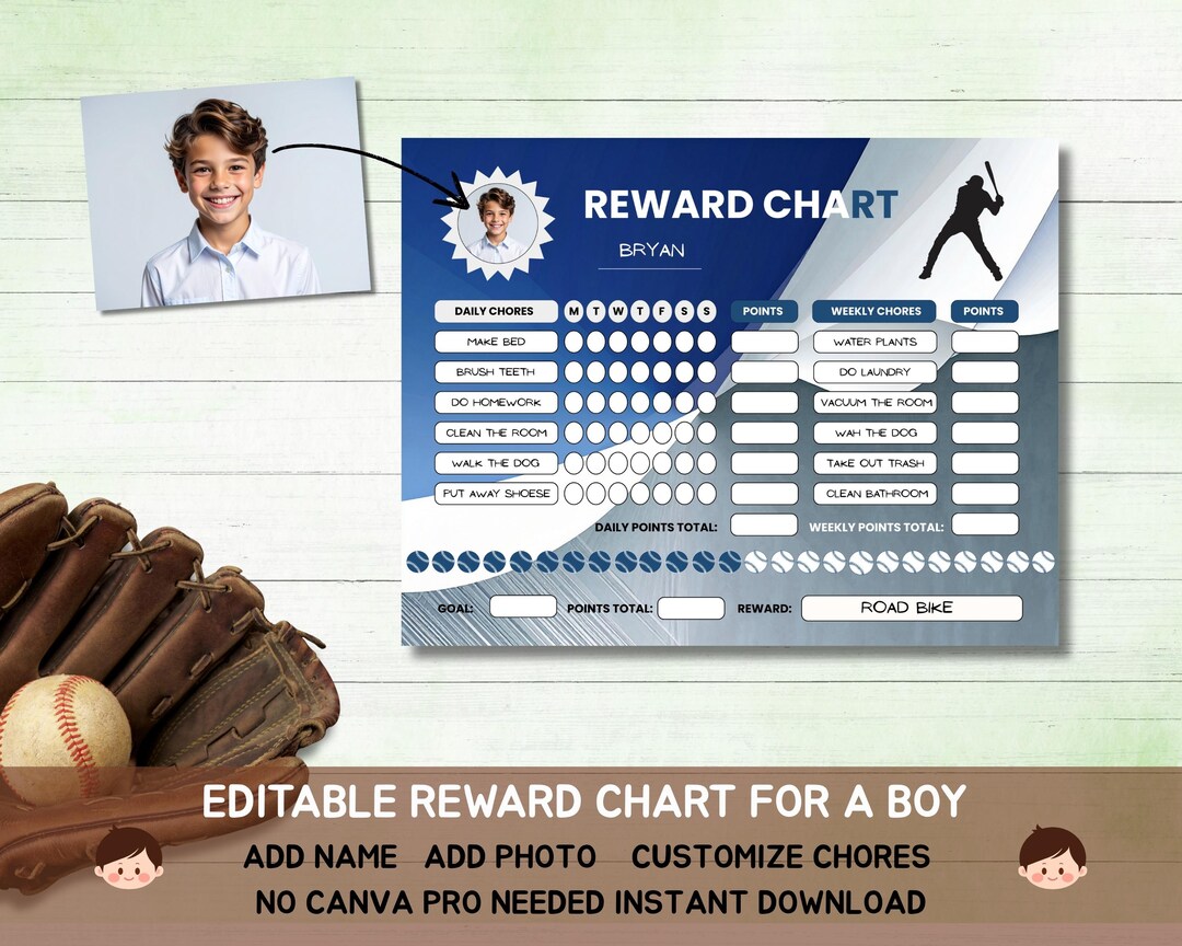Editable Baseball Boy's Chore Chart Printable: Photo Reward System (PDF ...