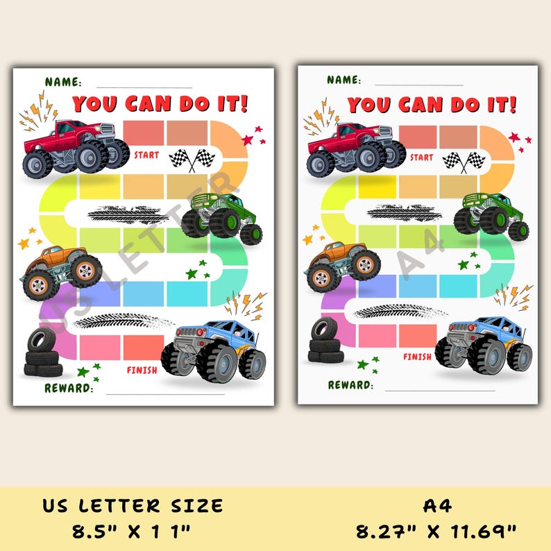 Monster Truck Reward Chart for Boys, Kids' Preschool Motivation Chart ...