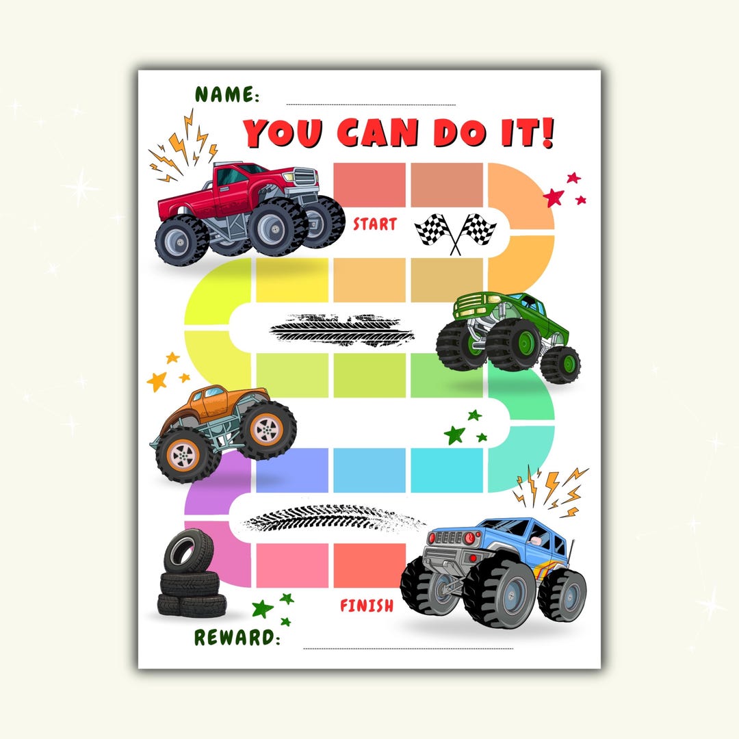 Monster Truck Reward Chart for Boys, Kids' Preschool Motivation Chart ...