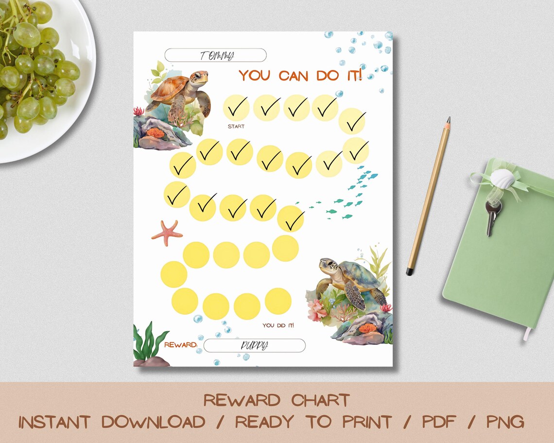 Turtle Reward Chart, Printable Behavior Chart, Daily Chore Chart, Kids ...