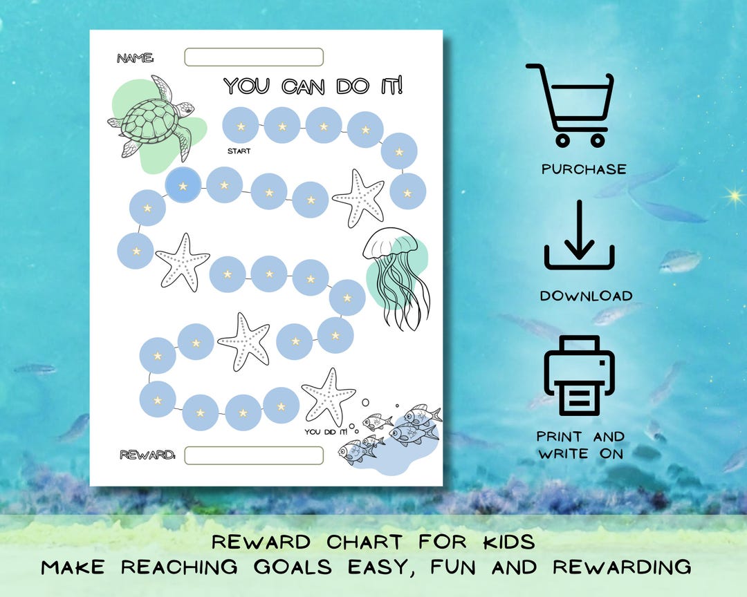 Digital Sea Turtle Reward Chart for Kids, Printable Starfish Chore ...