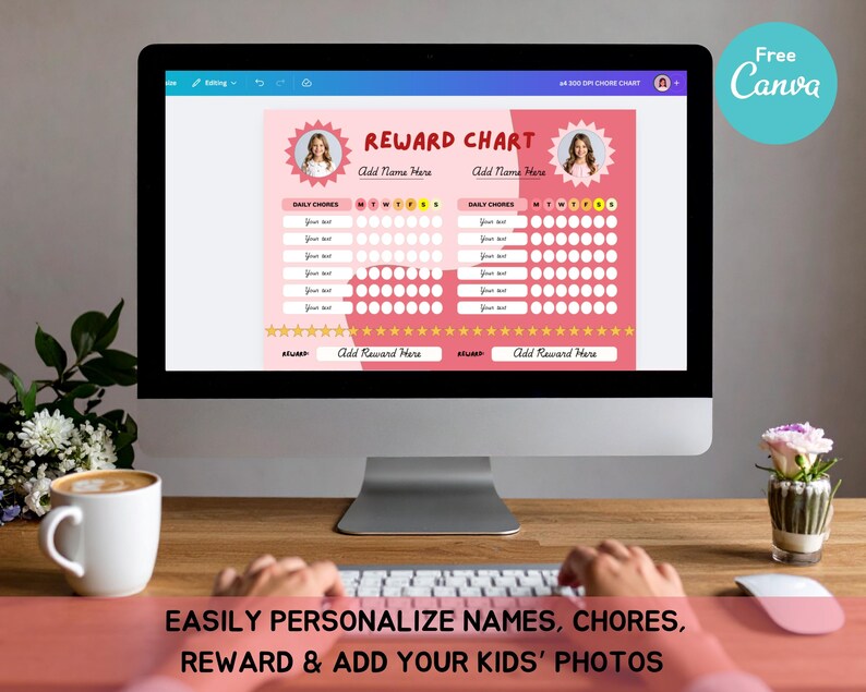 Editable Reward Chart Canva Template - 2 Kids Chore Chart - Add Names ...