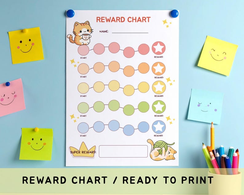 Printable Kitten Reward Chart for Kids, Behavior Chart, Toddler Routine ...