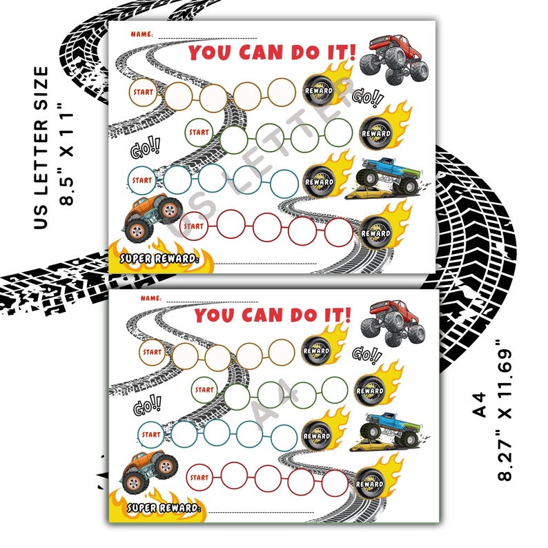 Monster Truck Reward Chart, Kids Printable Behavior Tracker (digital ...