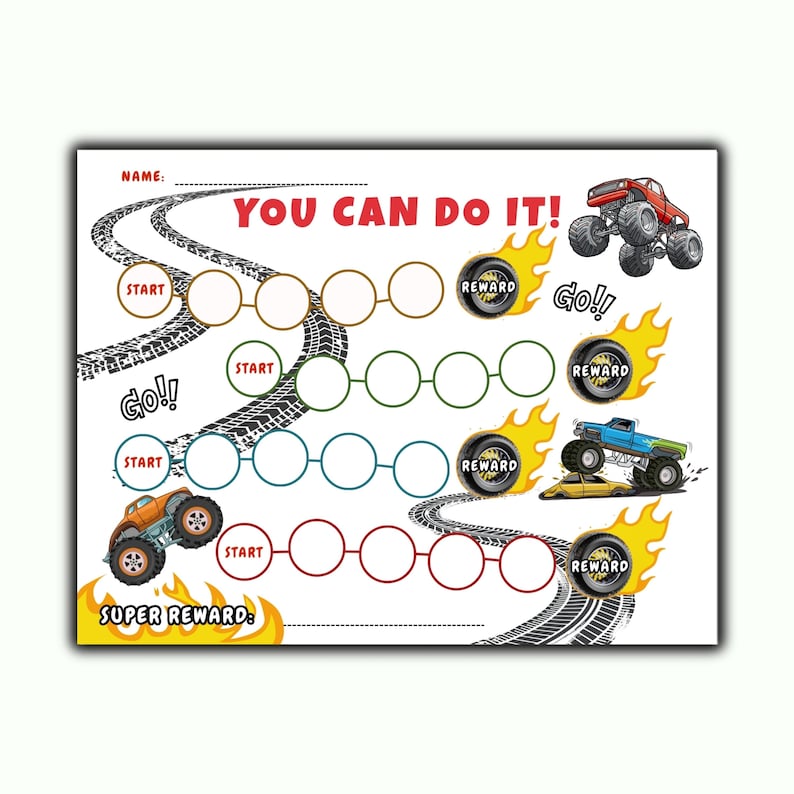 Monster Truck Reward Chart, Kids Printable Behavior Tracker (digital ...