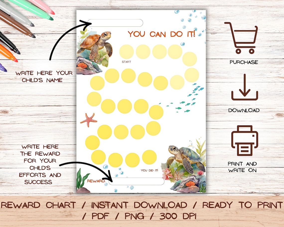 Turtle Reward Chart, Printable Behavior Chart, Daily Chore Chart, Kids ...