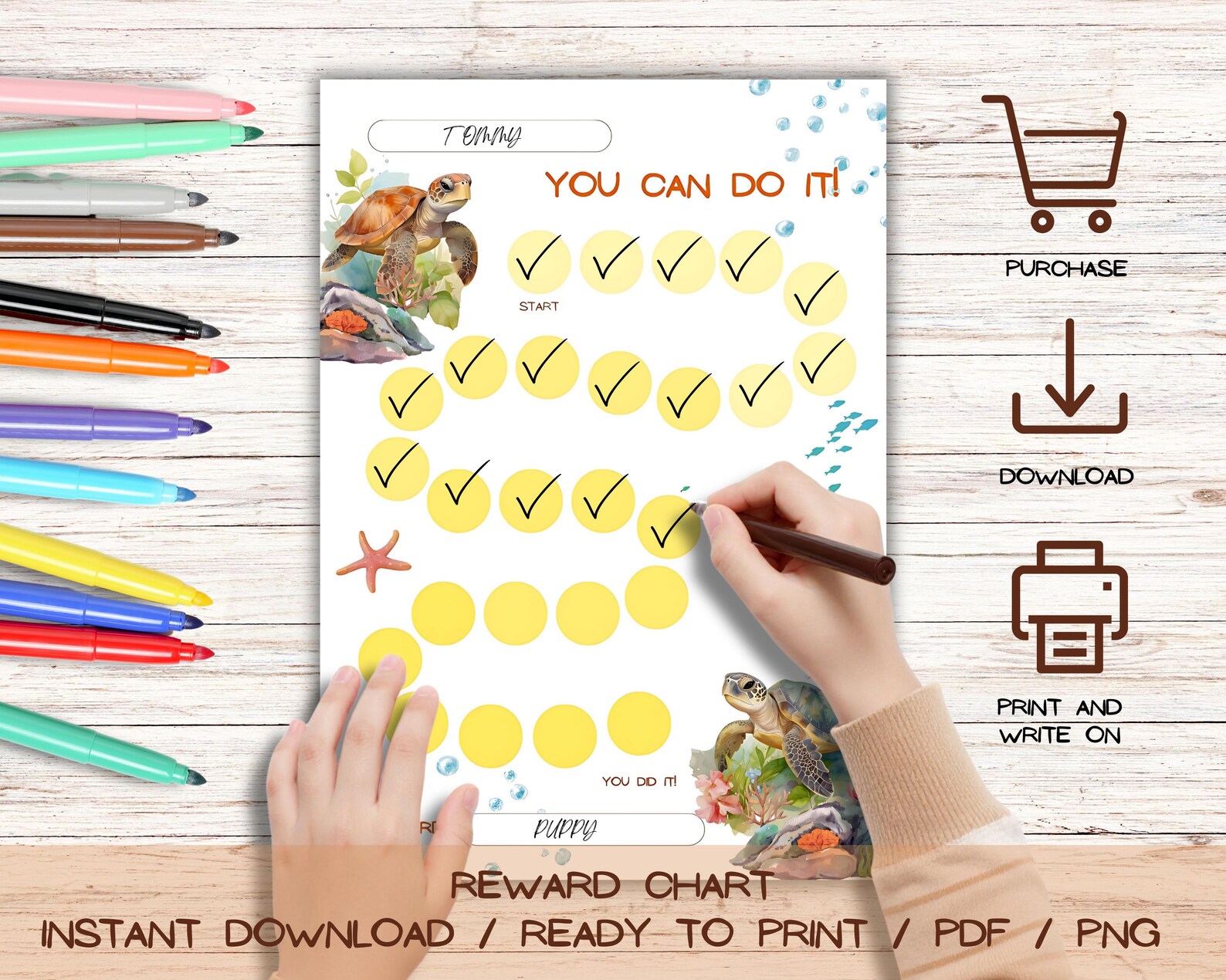 Turtle Reward Chart, Printable Behavior Chart, Daily Chore Chart, Kids ...