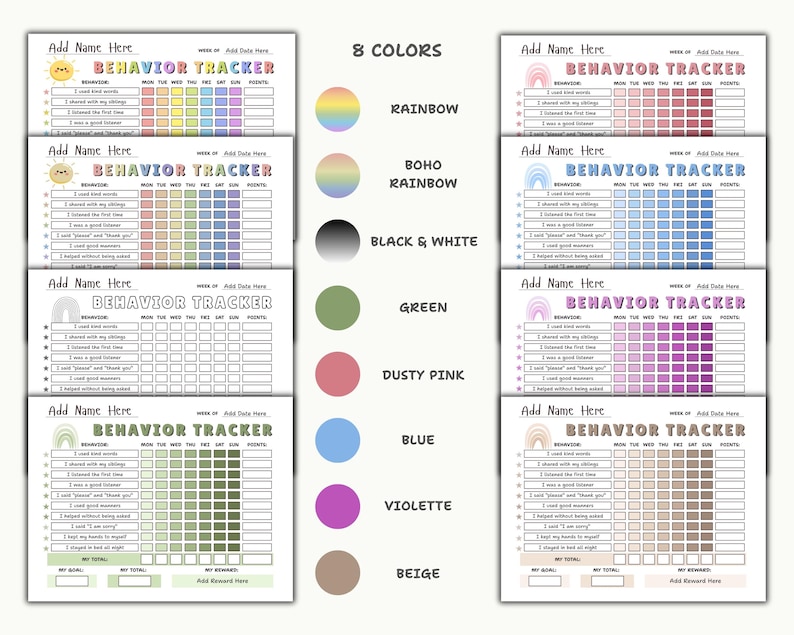 Printable Playful Behavior Tracker 8 Colors Set for Kids, Positive ...