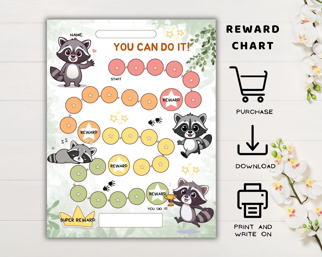Leafy Boho Racoon Reward Chart for Kids, Printable Chore Chart, Fun ...