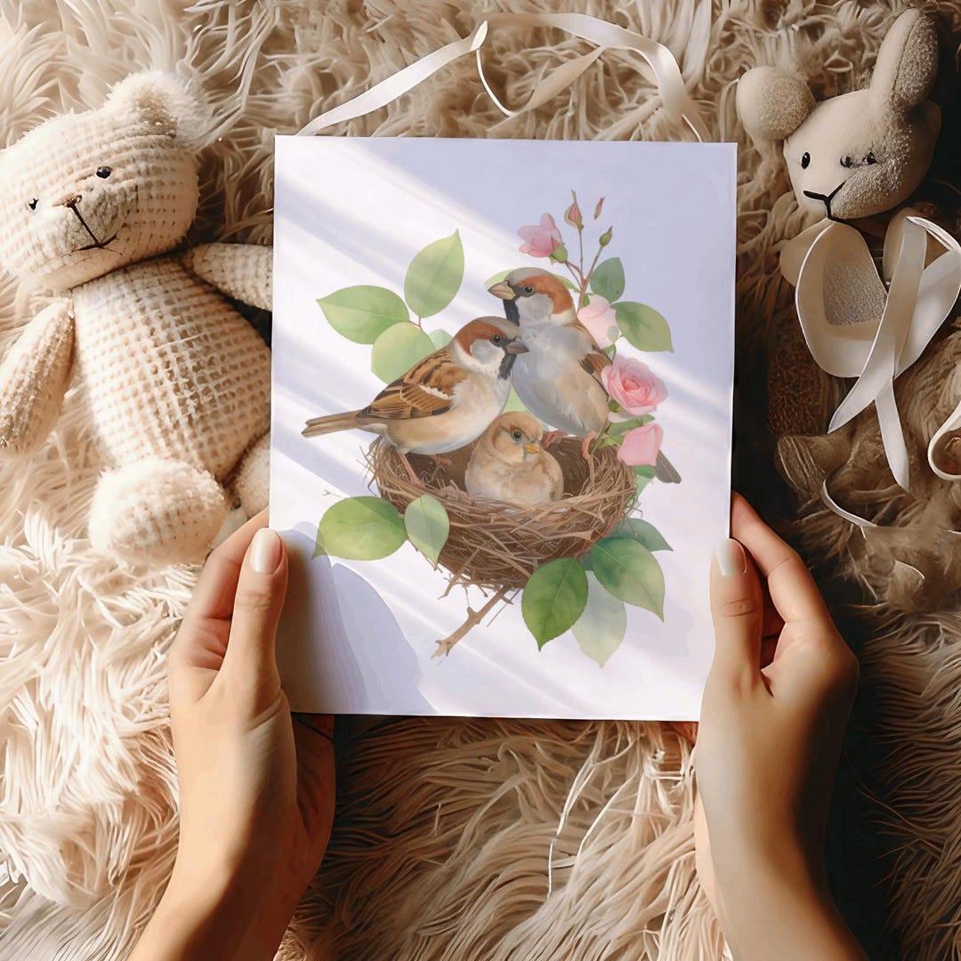 Watercolor Print Sparrow Family With Baby Bird in the Nest on Brench ...