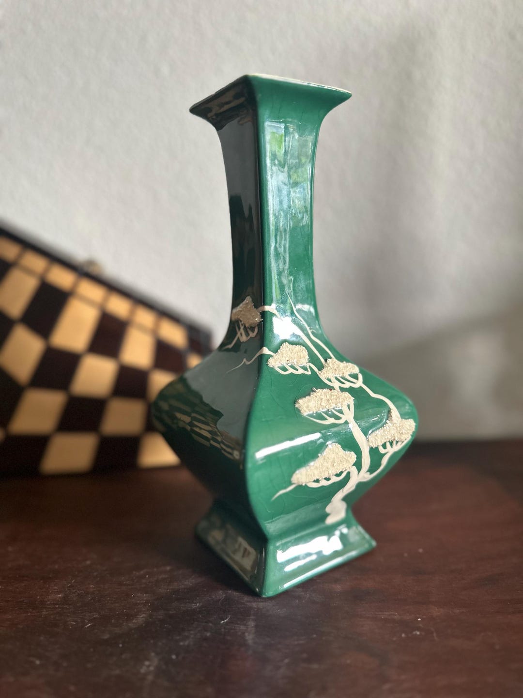 Vintage Weil Ware Vase in Hunter Green With Raised Porcelain Trees ...