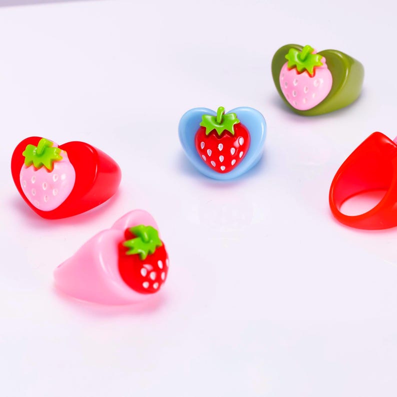 Green Heart Resin Ring: Pink Strawberry Fruit Charm Y2K Kawaii Statement Jewelry, Size 9 - Etsy