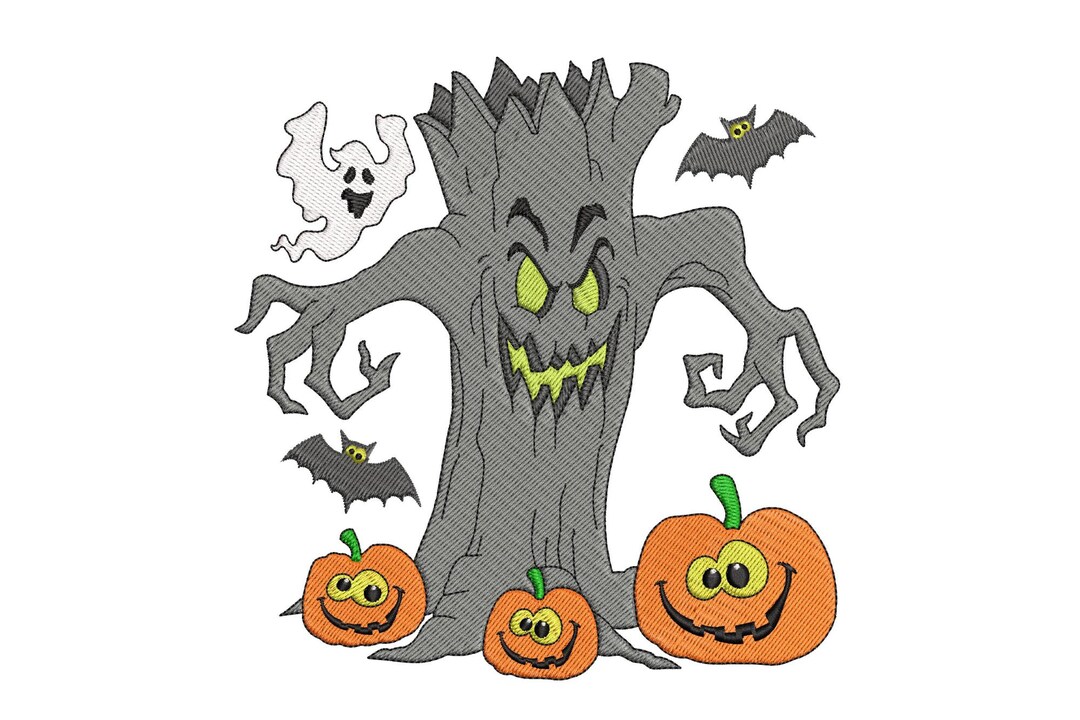 Halloween Haunted Tree With Ghost and Bats Pumpkins Embroidery Design ...