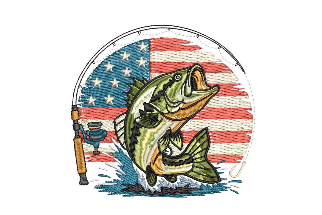 USA Flag Bass Fish Embroidery Design, Bass Fishing Machine Embroidery ...