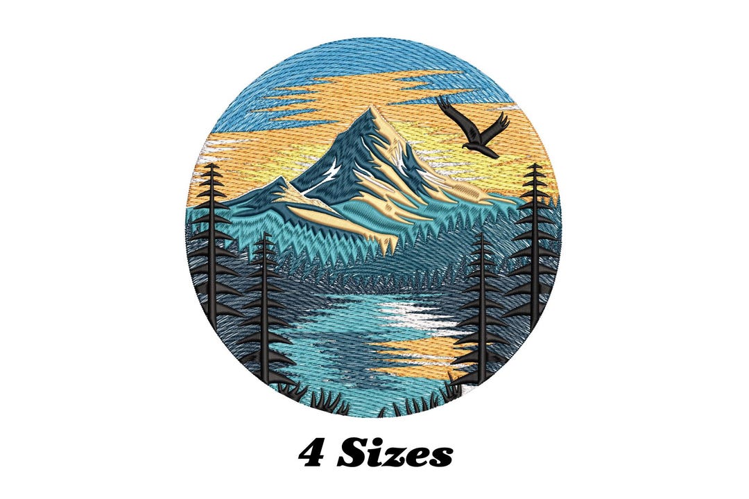 Majestic Mountain Sunrise Over Forest Lake Embroidery Design, Mountain ...