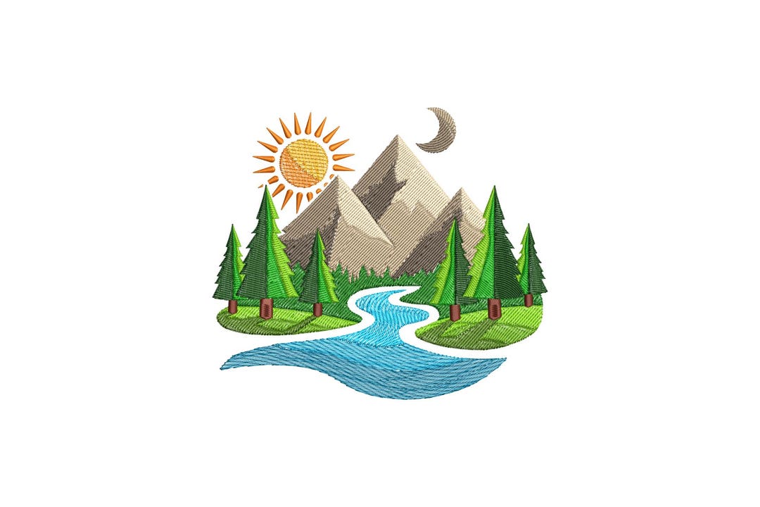 Beautiful Mountain Landscape Embroidery Design, Mountain Landscape ...