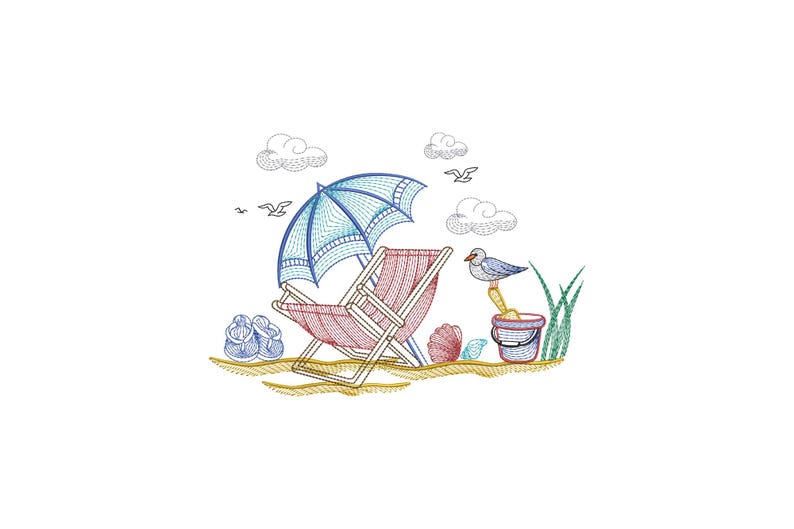 Beach Time Embroidery Design, Umbrella and Chairs Beach Scene Machine ...