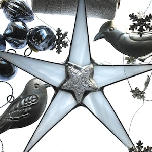 Silver Glimmer Star- Frosty White Stained Glass With Glitter Star ...