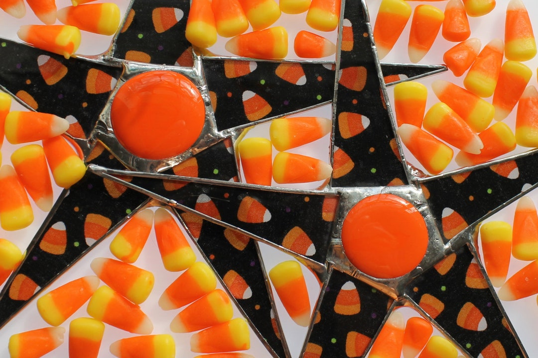 Candy Corn Star- 9 Inches Lacquered Fabric on Glass With Stained Glass ...