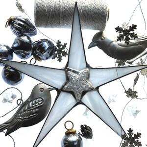 Silver Glimmer Star- Frosty White Stained Glass With Glitter Star ...