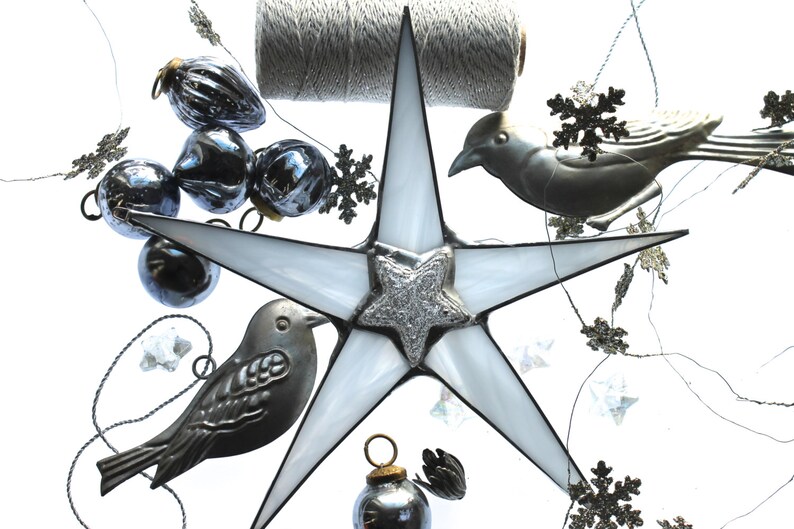 Silver Glimmer Star Frosty White Stained Glass With Glitter | Etsy