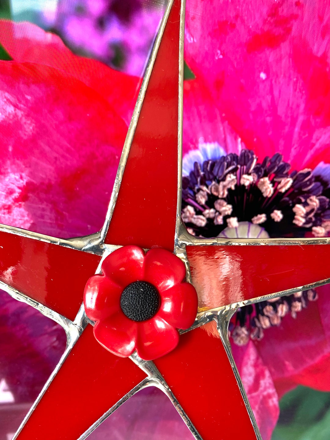 Ruby Red Poppy Star 9 Inch Art Glass Star With Raised Resin Poppy ...