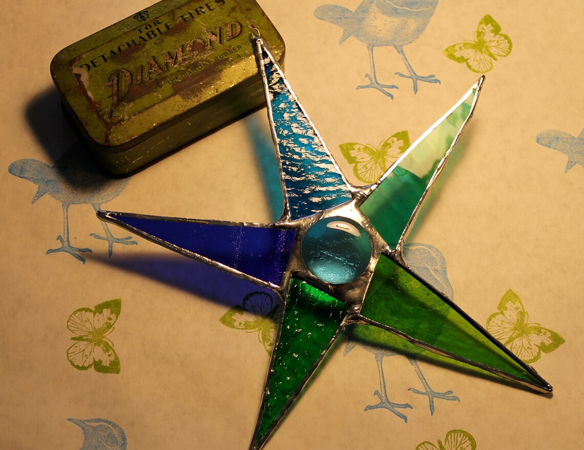 Peacock Star 8 Inch Stained Glass Star in Lime Green Aqua - Etsy
